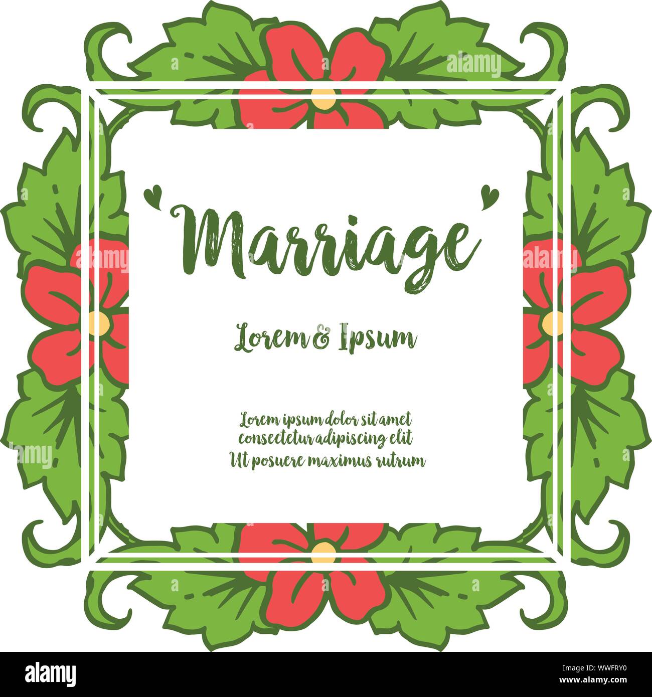 Ornate element of card marriage, with beauty of red flower frame ...