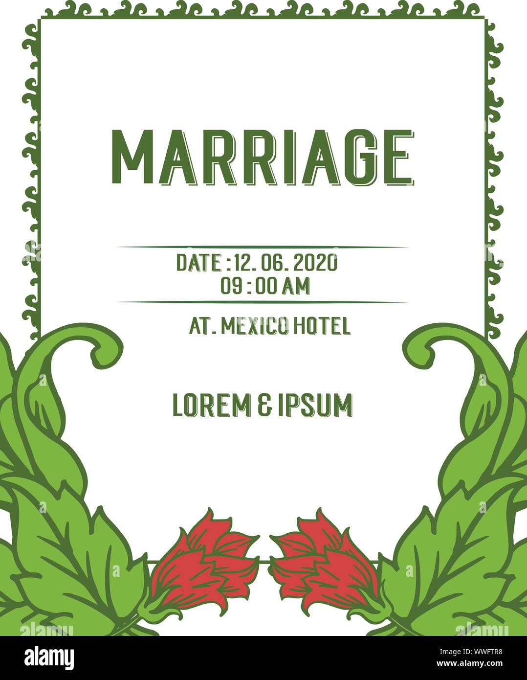 Vintage red wreath frame blooms, for card template of marriage. Vector ...