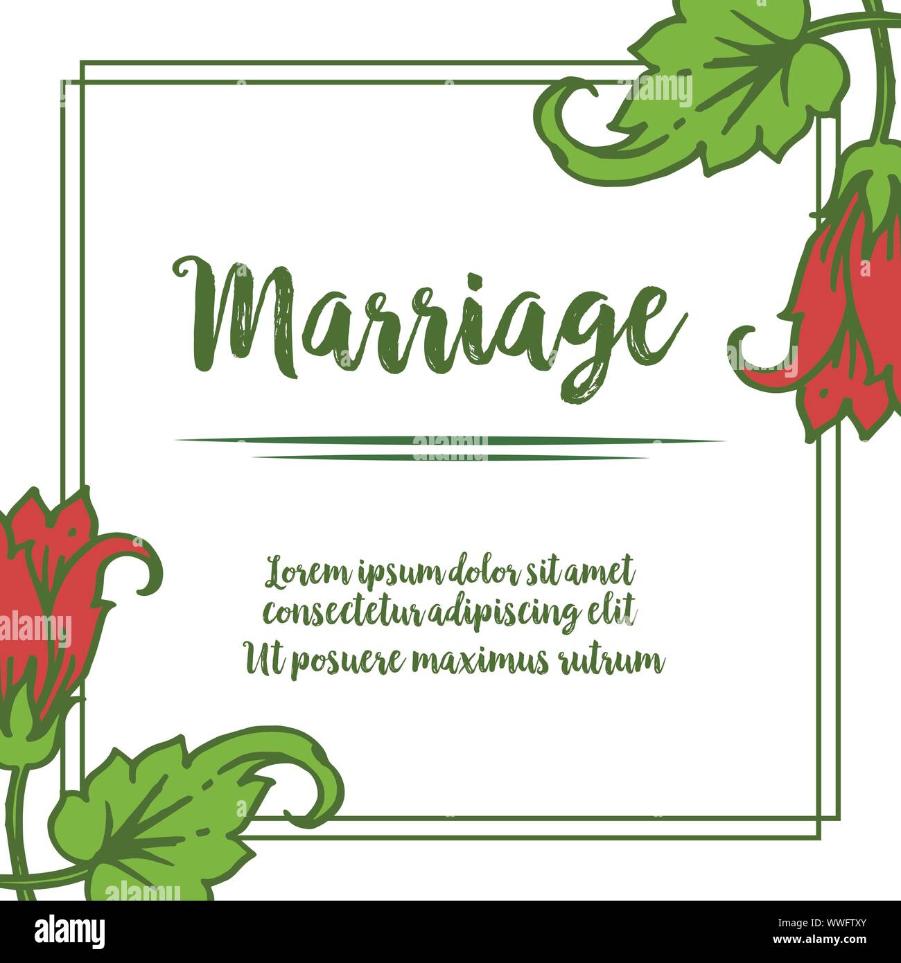 Vintage red wreath frame blooms, for card template of marriage. Vector ...