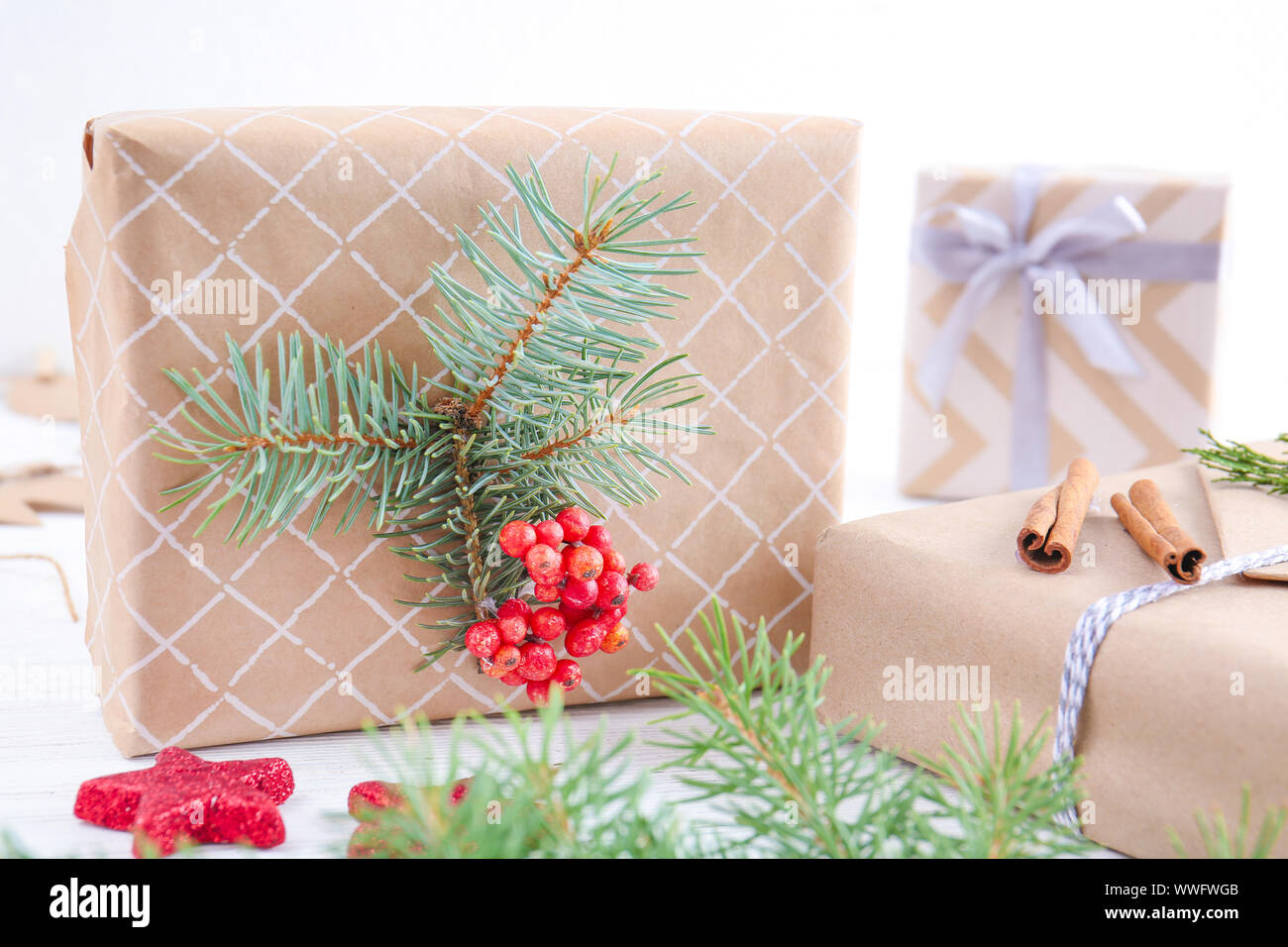 Beautiful Christmas gift boxes on table Stock Photo - Alamy