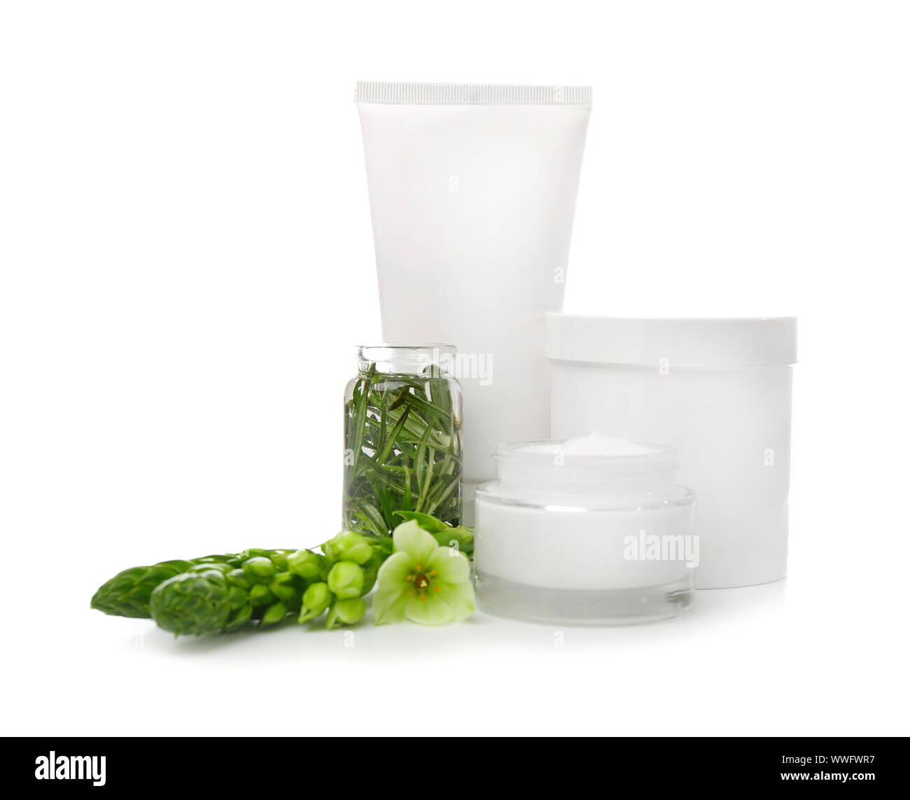 Different body cream on white background Stock Photo - Alamy