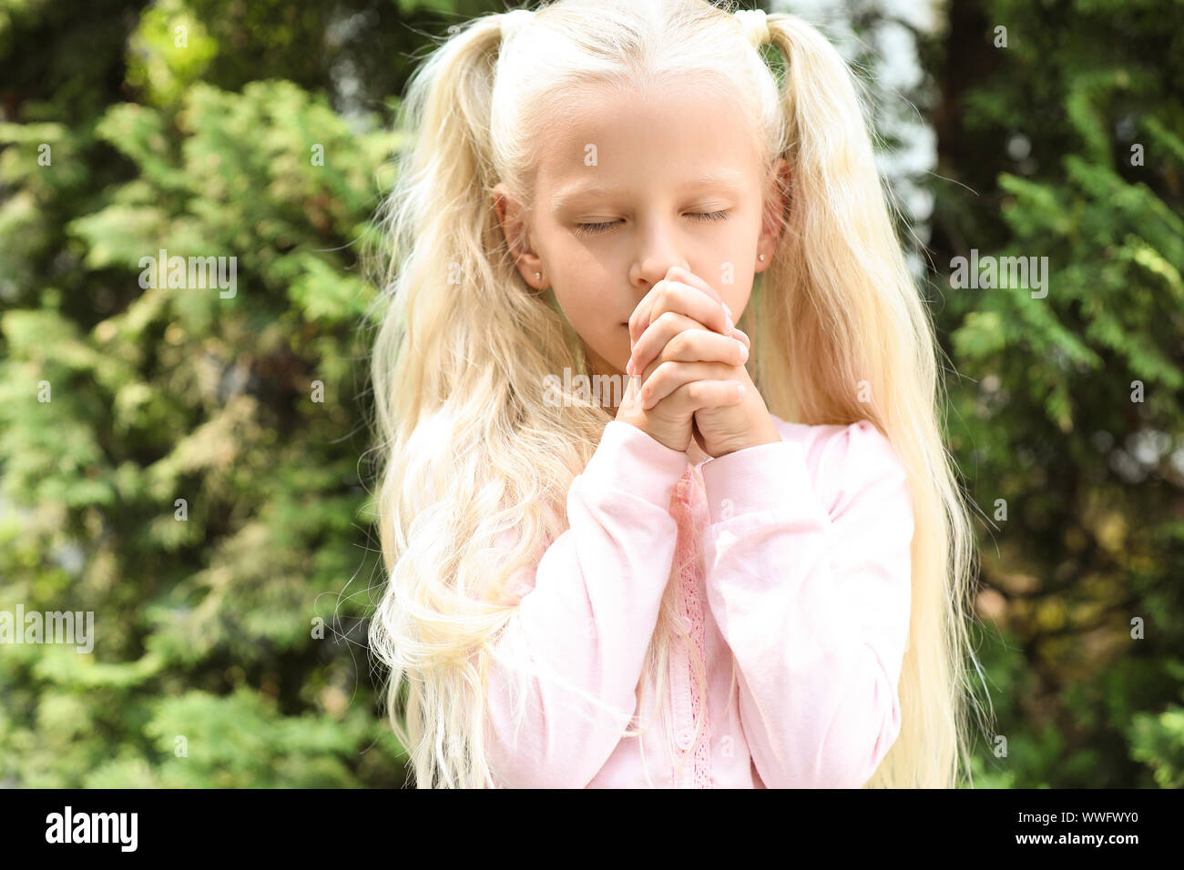 Cute little girl praying outdoors Stock Photo - Alamy