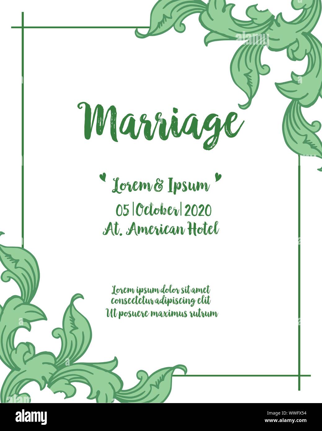 Modern green leafy flower frame, for greeting card of marriage. Vector ...