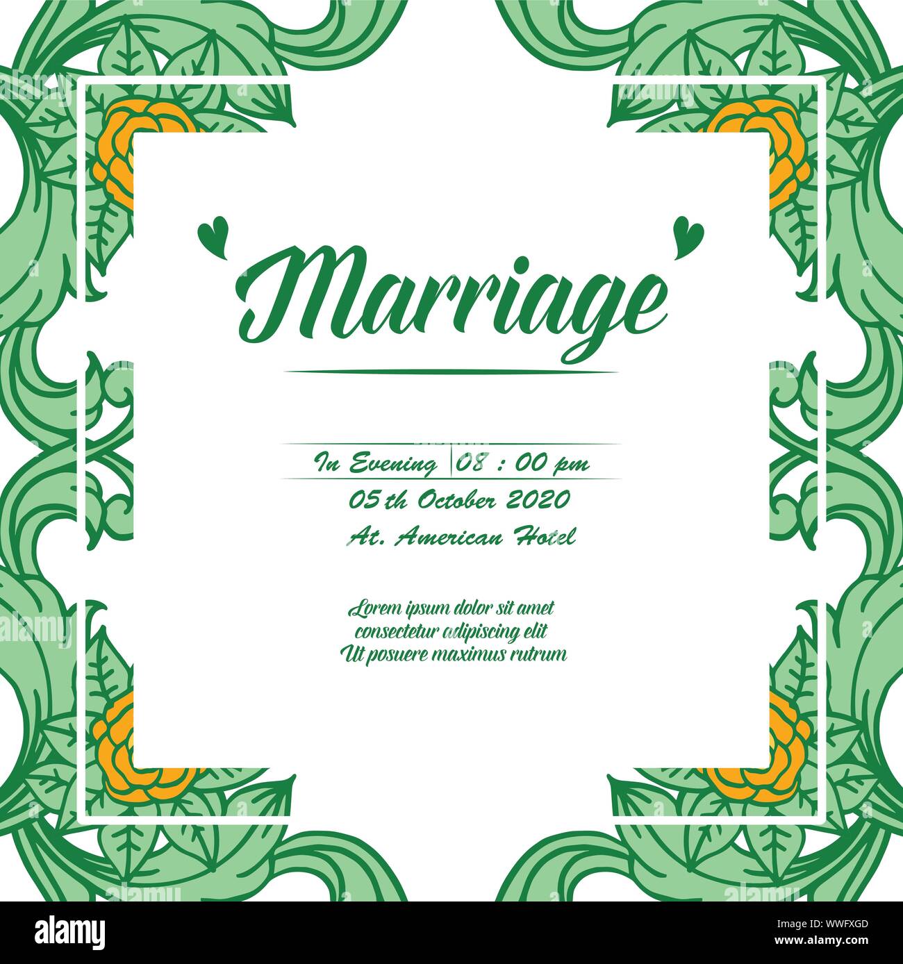 Modern green leafy flower frame, for greeting card of marriage. Vector ...