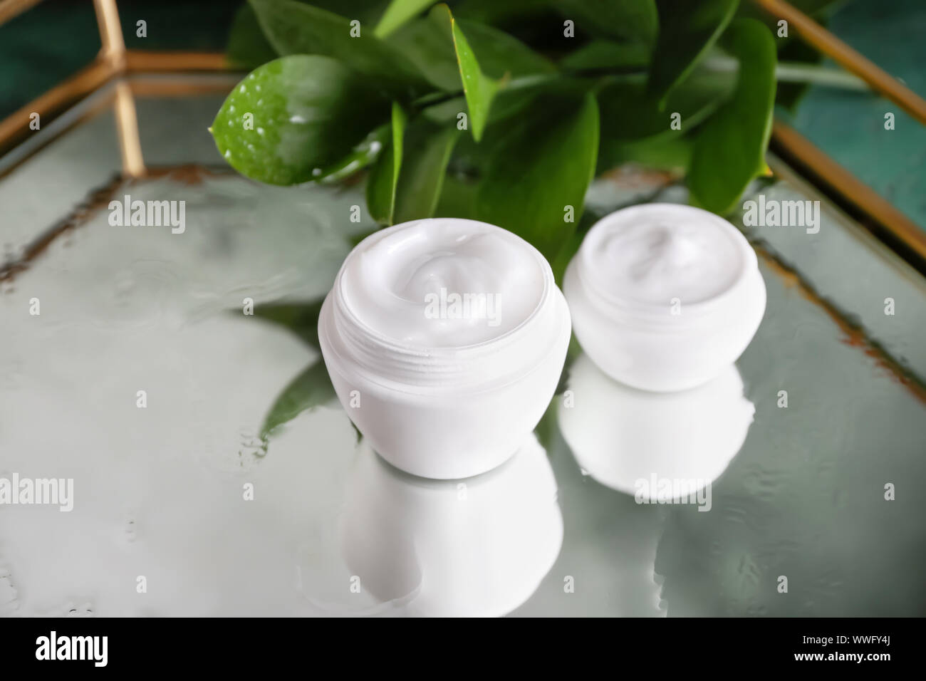 Body cream in jar on glassy tray Stock Photo - Alamy