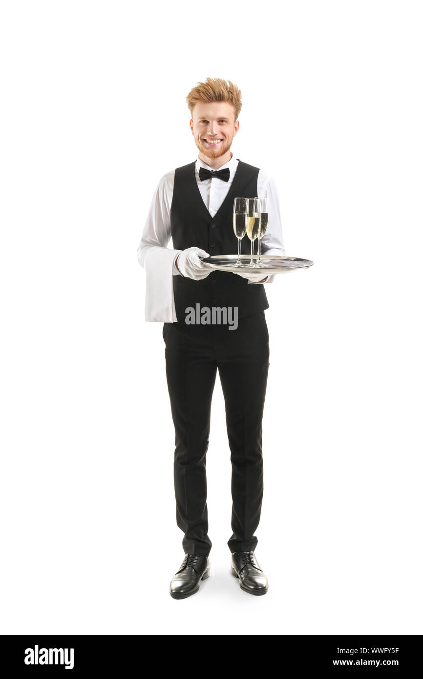 Handsome waiter holding tray with champagne on white background Stock ...