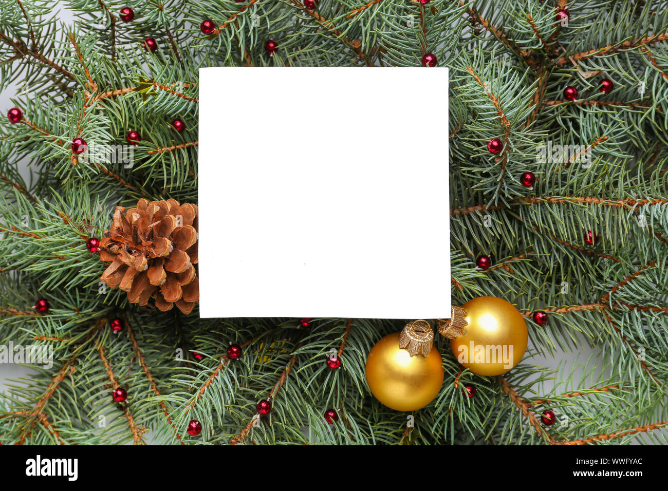 Empty greeting card with fir branches and Christmas decor Stock Photo ...