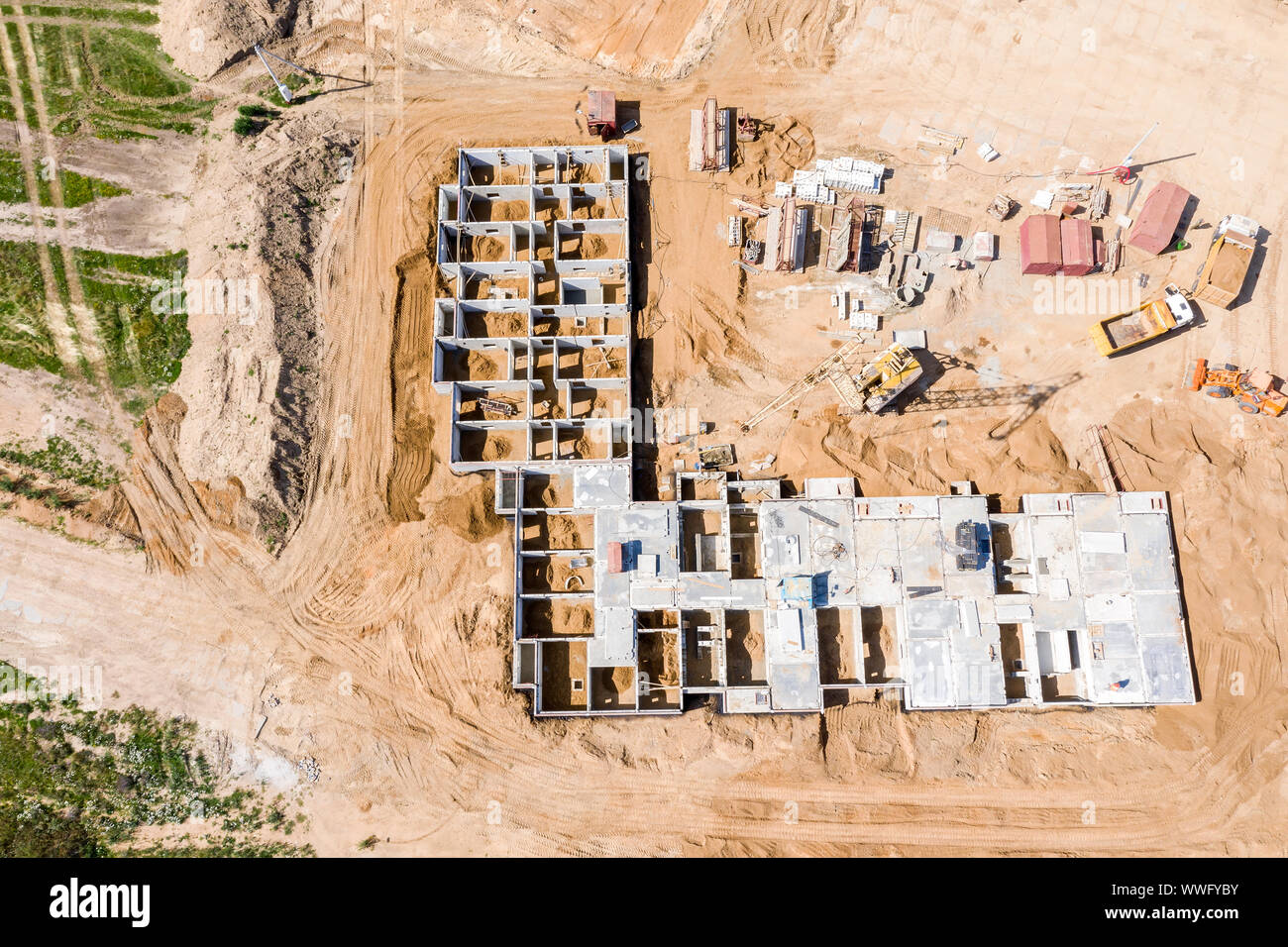 concrete foundation works during building construction. aerial view of ...