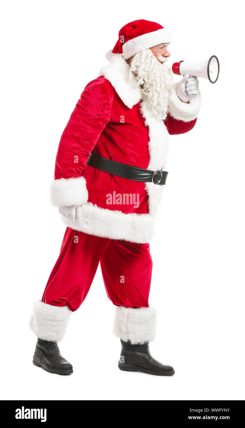 Portrait of Santa Claus with megaphone on white background Stock Photo ...