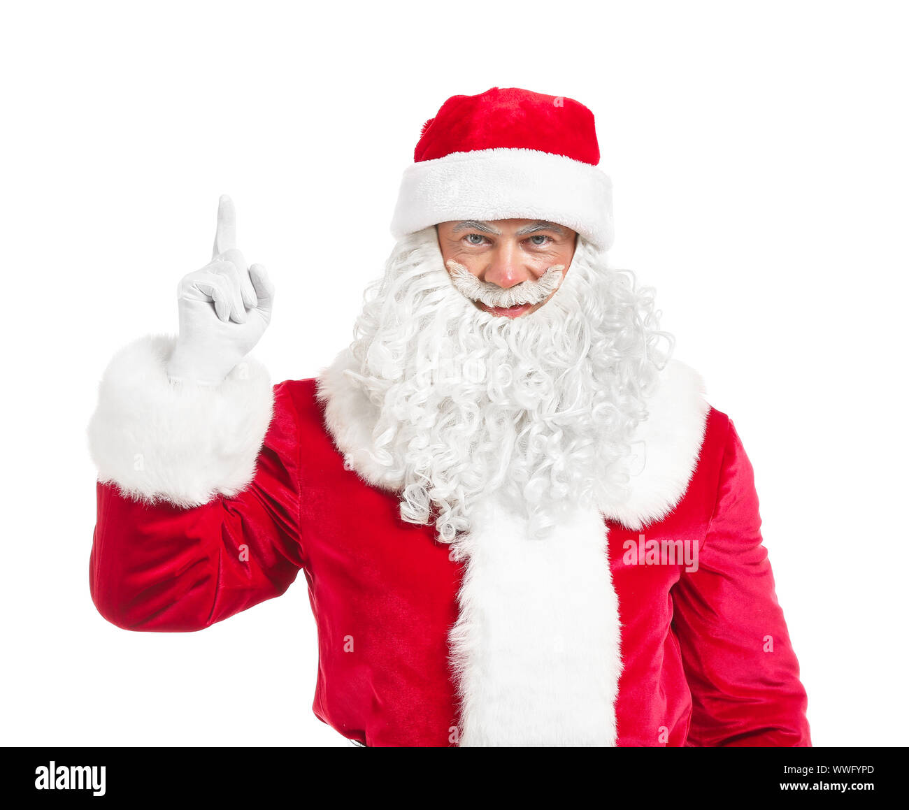 Portrait of Santa Claus with raised index finger on white background ...