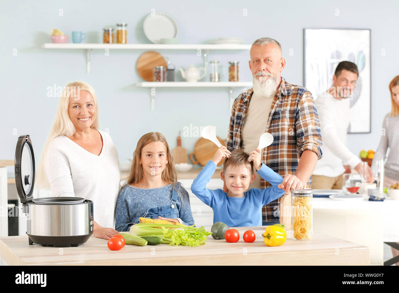 Grandparents and little children with modern multi cooker in kitchen ...
