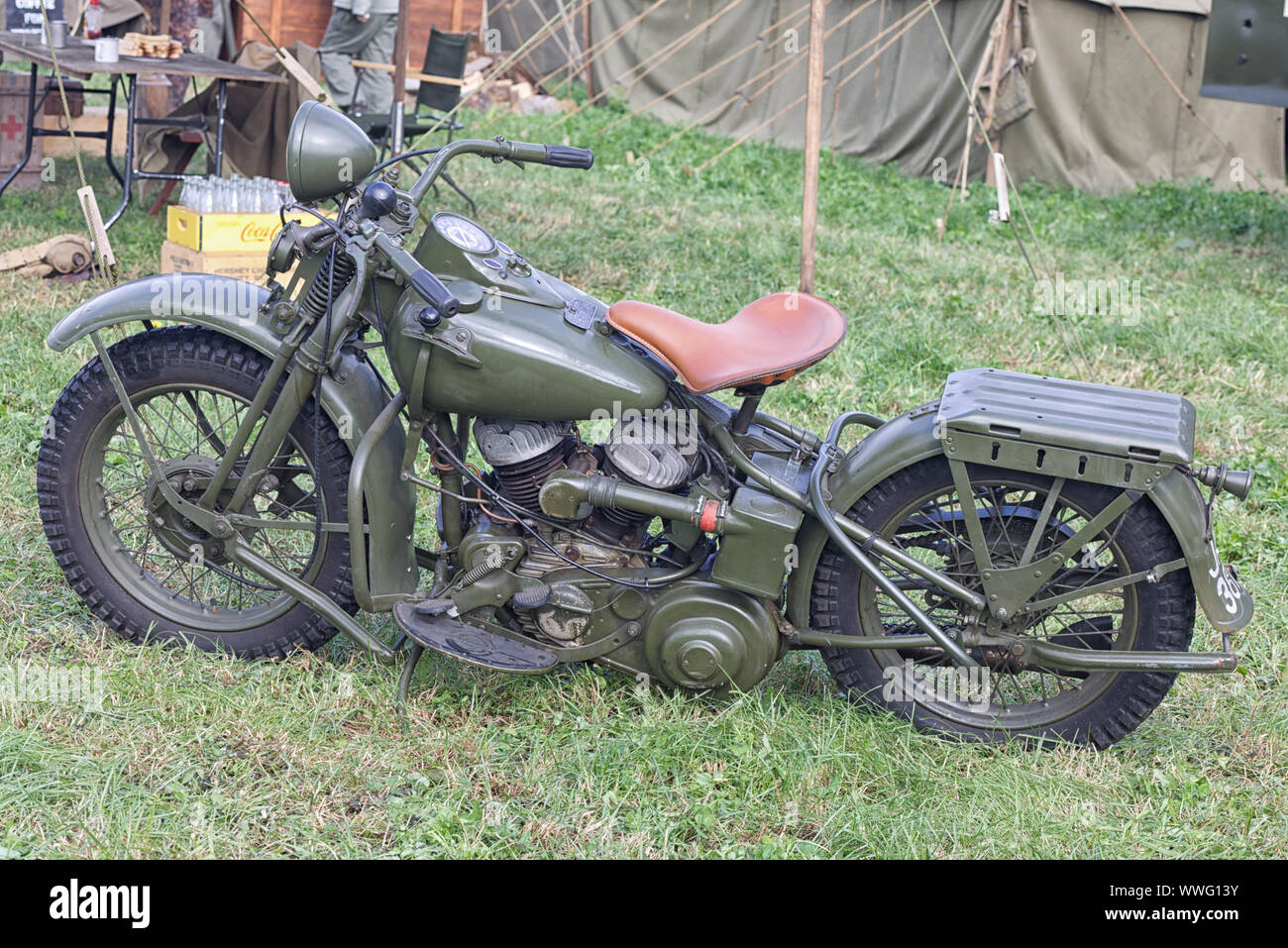 World war 11, Harley Davidson Motorcycle in an American encampment ...