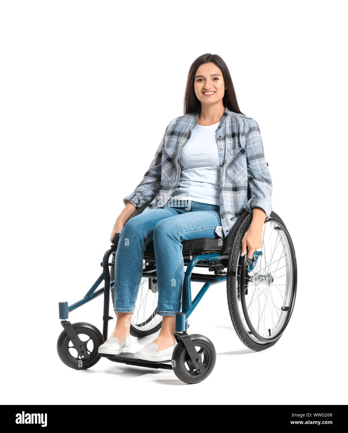 Beautiful woman in wheelchair on white background Stock Photo - Alamy