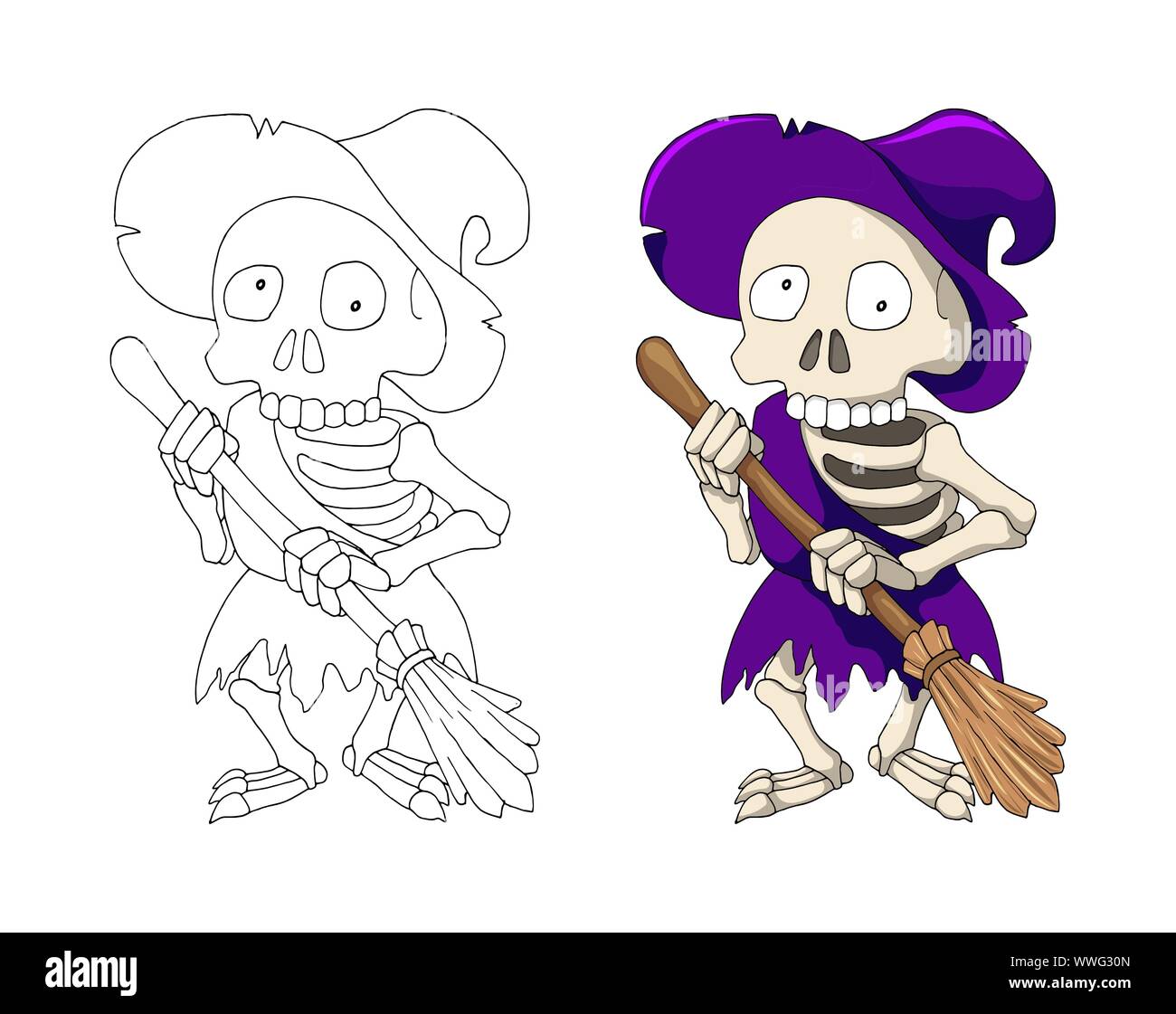 Undead Human Skeleton Hag in Violet Robe and Witch Hat, cartoon ...