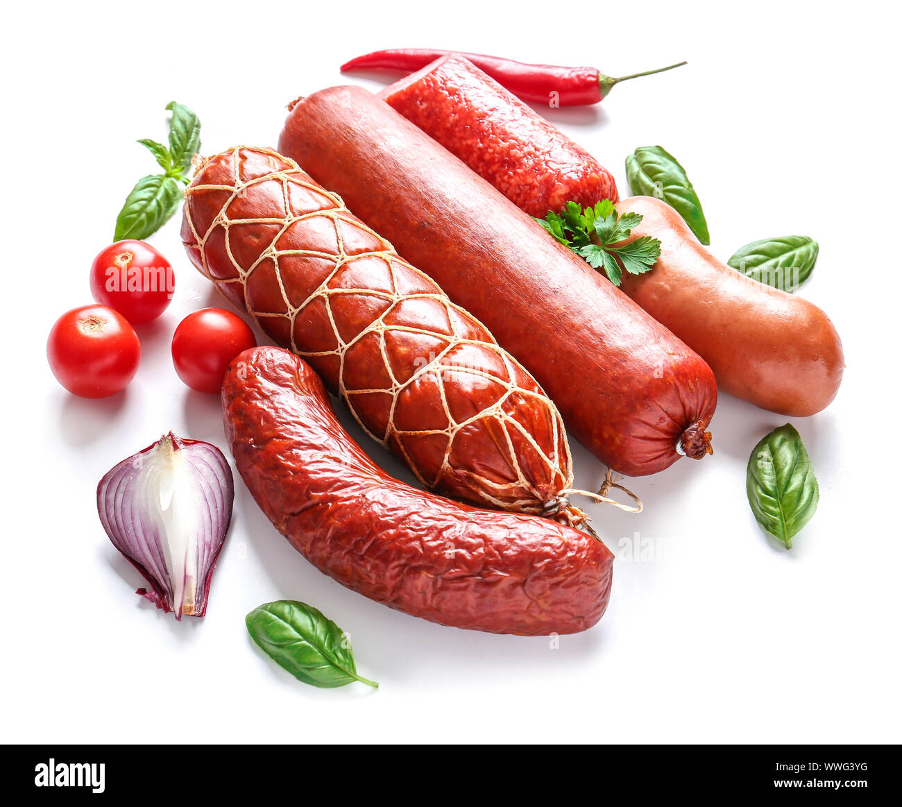 Assortment of sausages on white background Stock Photo - Alamy