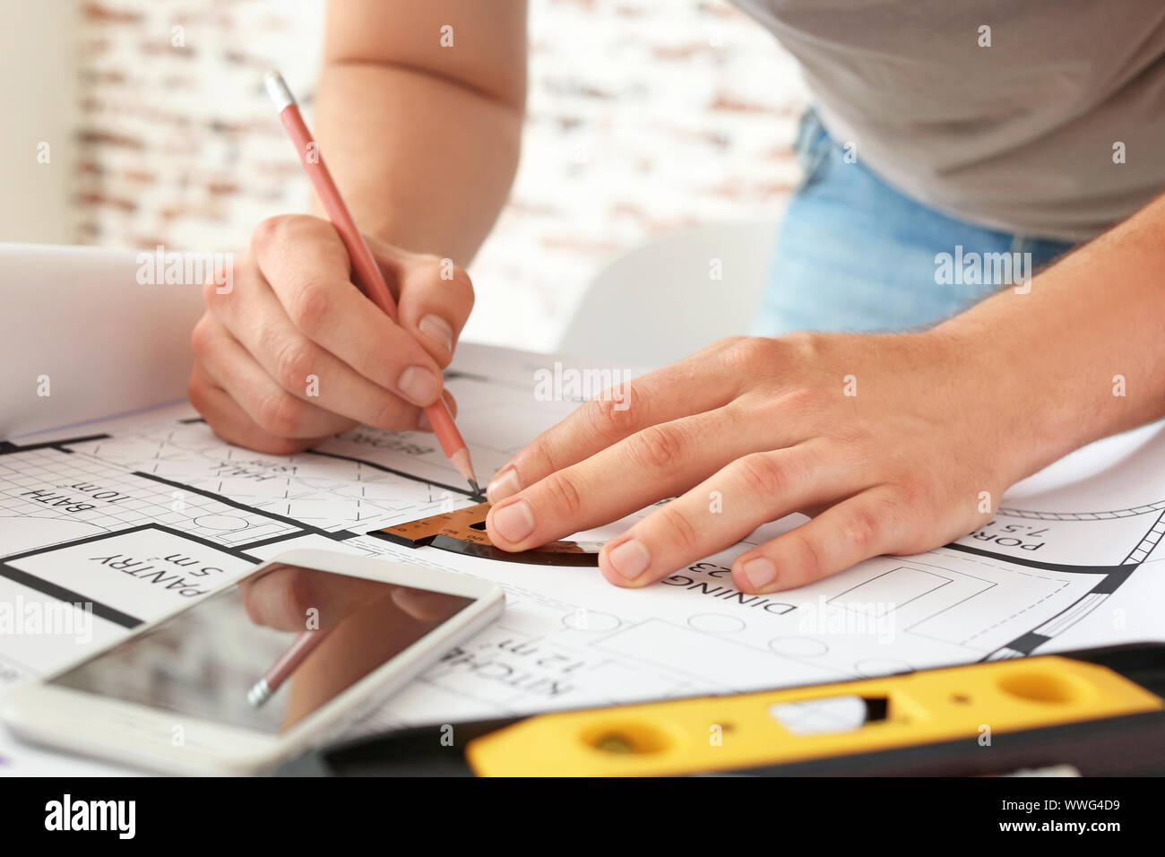 Architect working on project of building in office, closeup Stock Photo ...