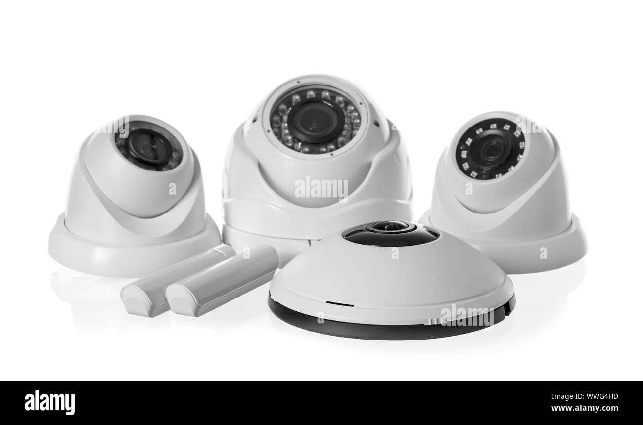 Different equipment of security system on white background Stock Photo ...