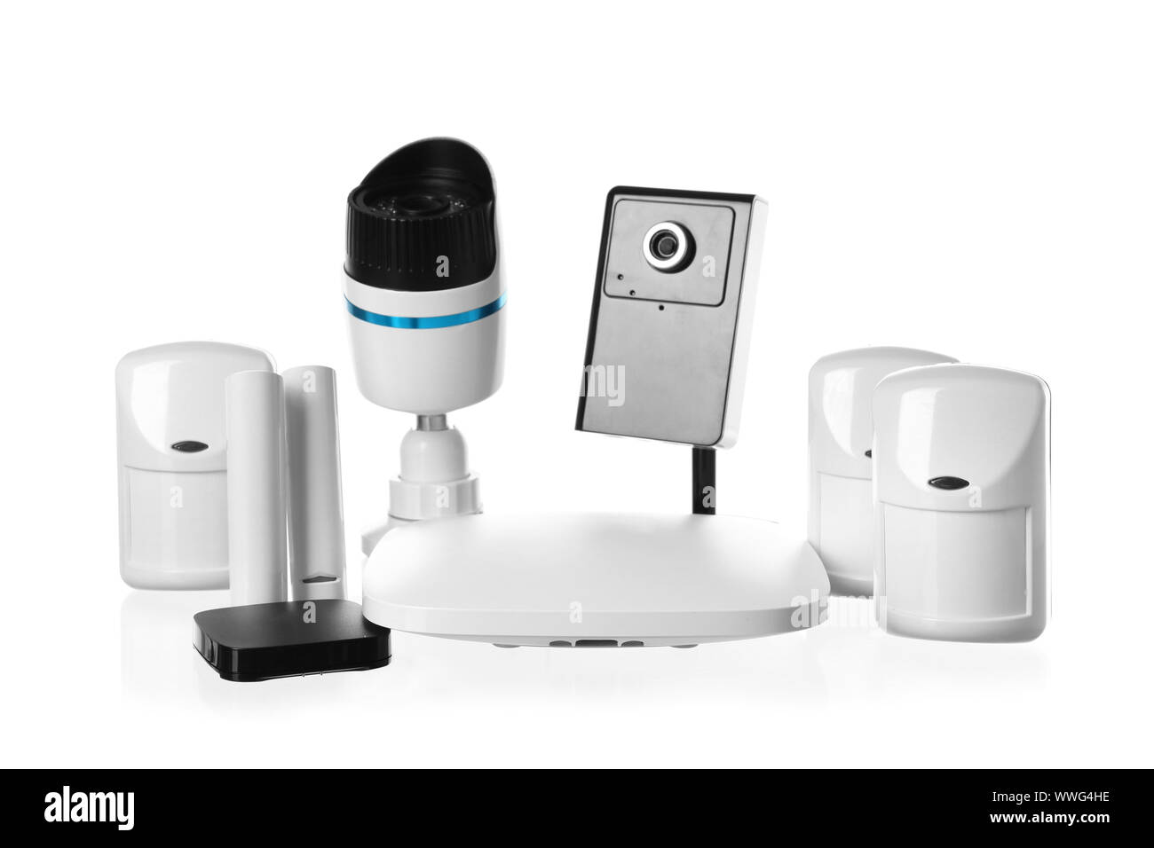 Different equipment of security system on white background Stock Photo ...