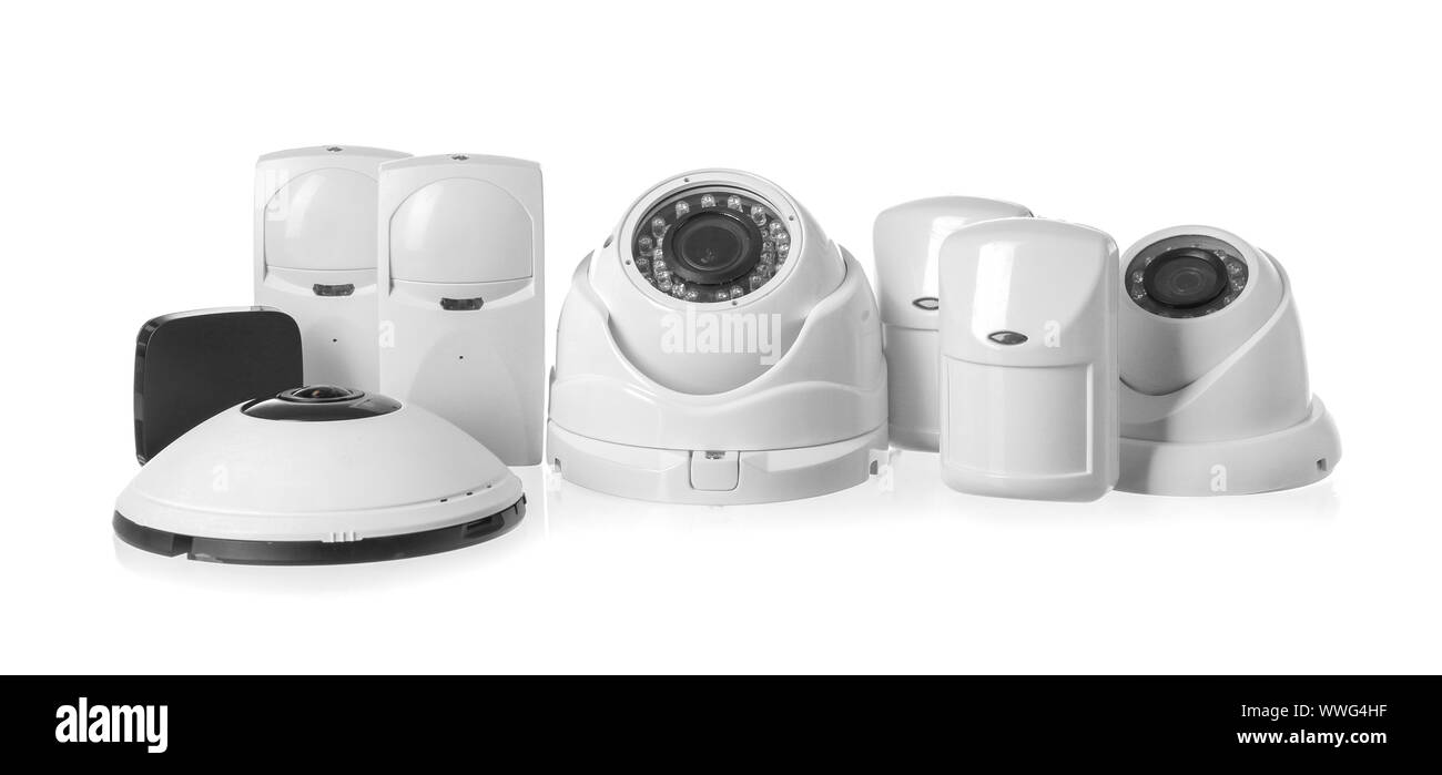 Different equipment of security system on white background Stock Photo ...