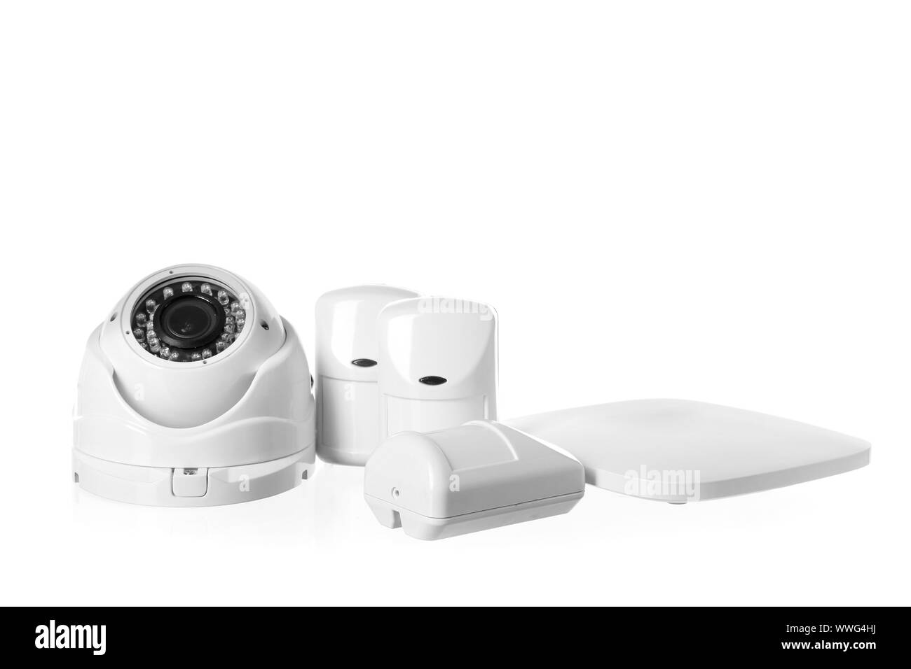 Different equipment of security system on white background Stock Photo ...