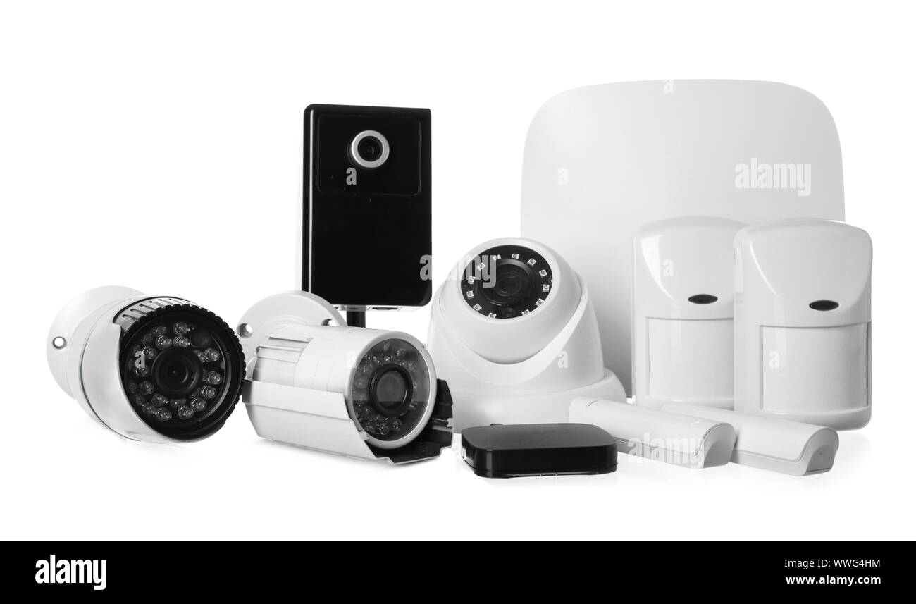 Different equipment of security system on white background Stock Photo ...