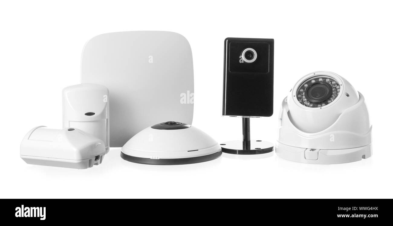 Different equipment of security system on white background Stock Photo ...