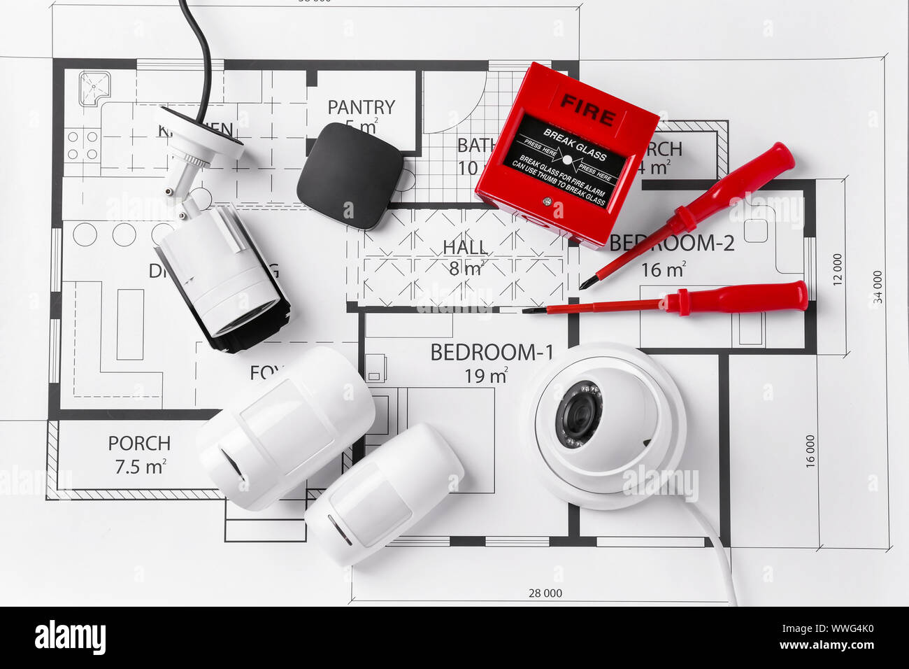 Different equipment of security system on home plan Stock Photo - Alamy