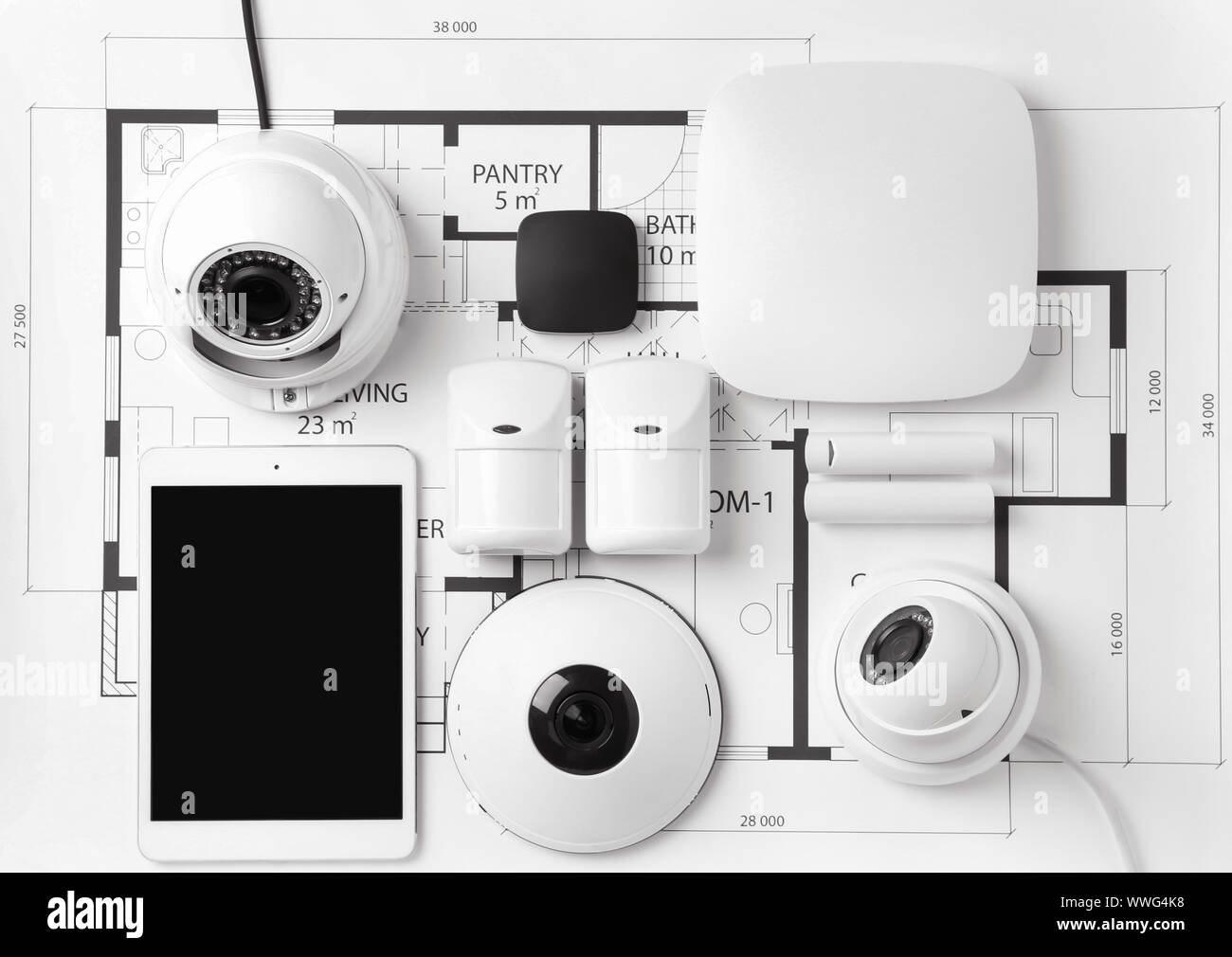Different equipment of security system on home plan Stock Photo - Alamy