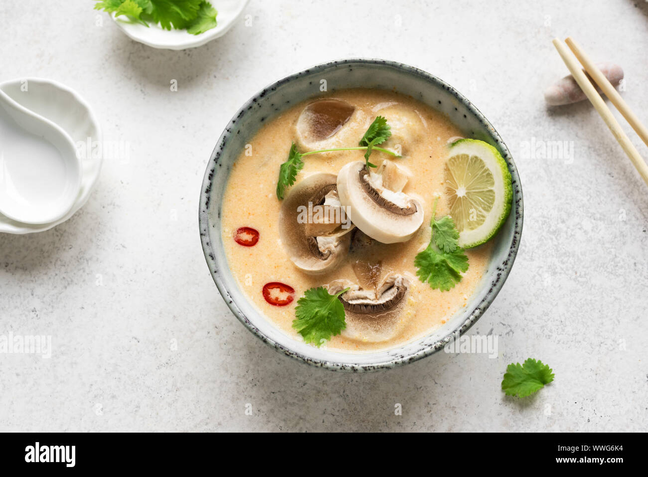 Tom Kha Gai Soup, top view, copy space. Traditional thai asian spicy ... Tom Kha Gai Soup, top view, copy space. Traditional thai asian spicy ...