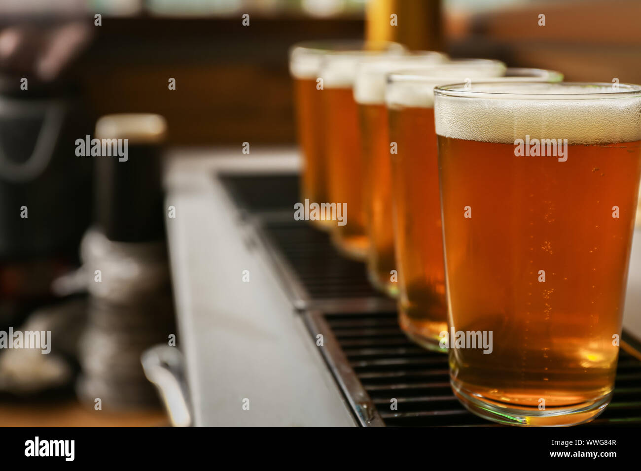 Glasses of fresh draft beer on bar counter Stock Photo - Alamy