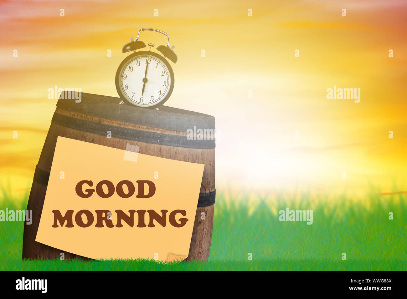 Good morning and wake up concept, alarm clock and wood barrel on green ...
