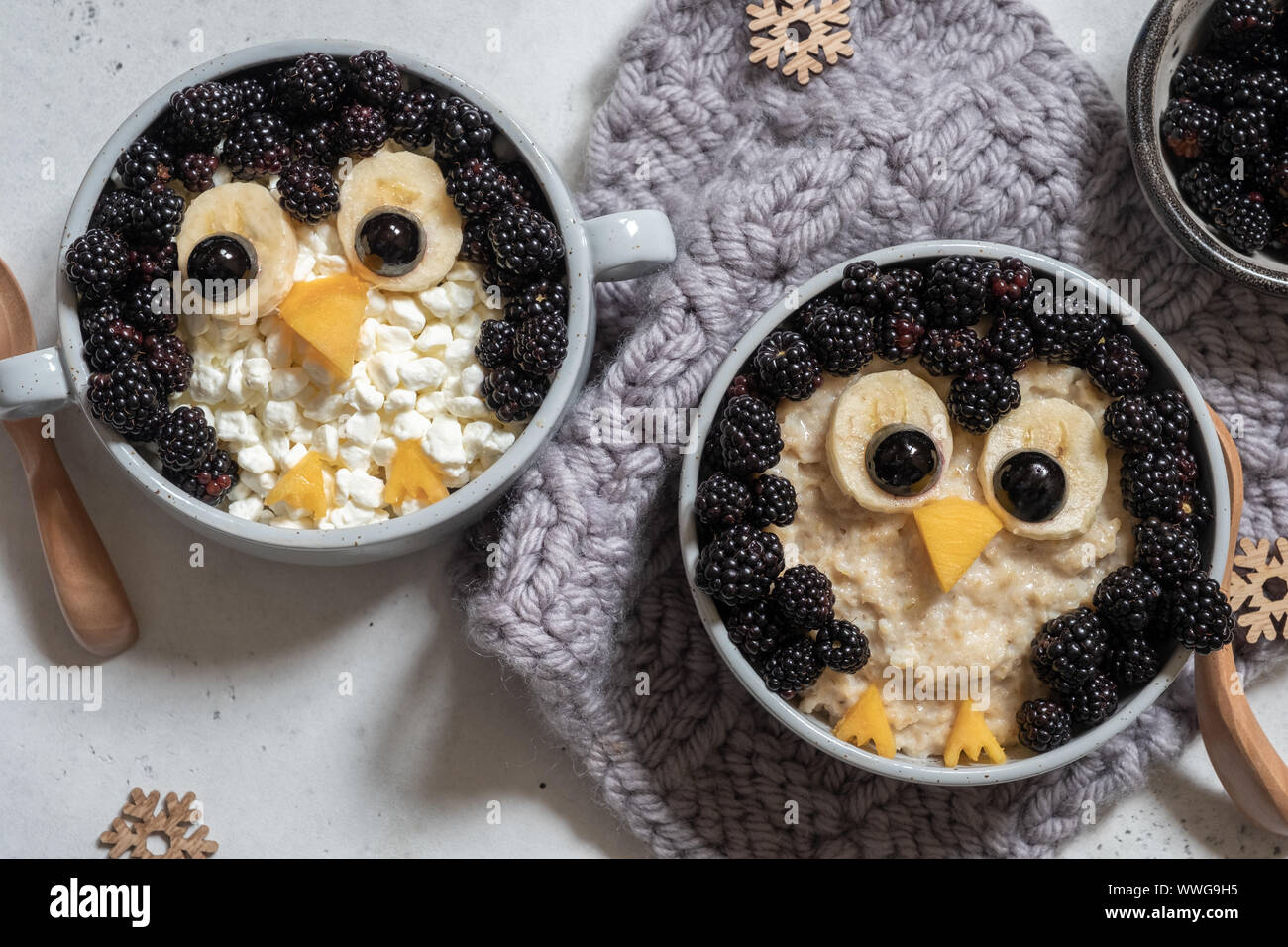 Funny kids breakfast porridge penguin with fresh berries Stock Photo ...