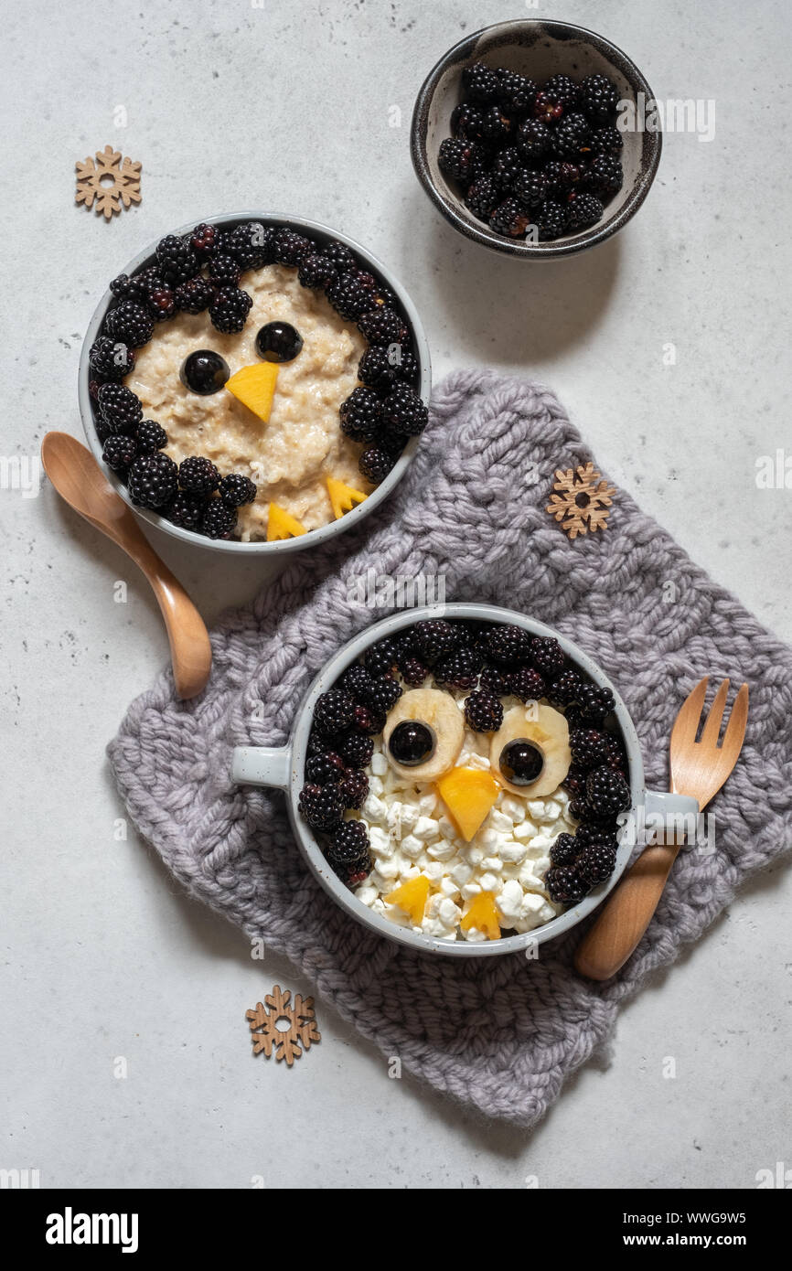 Funny kids breakfast porridge penguin with fresh berries Stock Photo ...