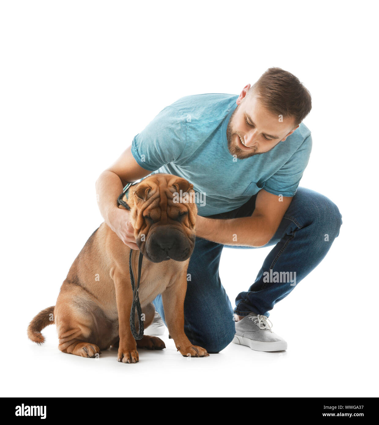 Happy man with cute dog on white background Stock Photo - Alamy