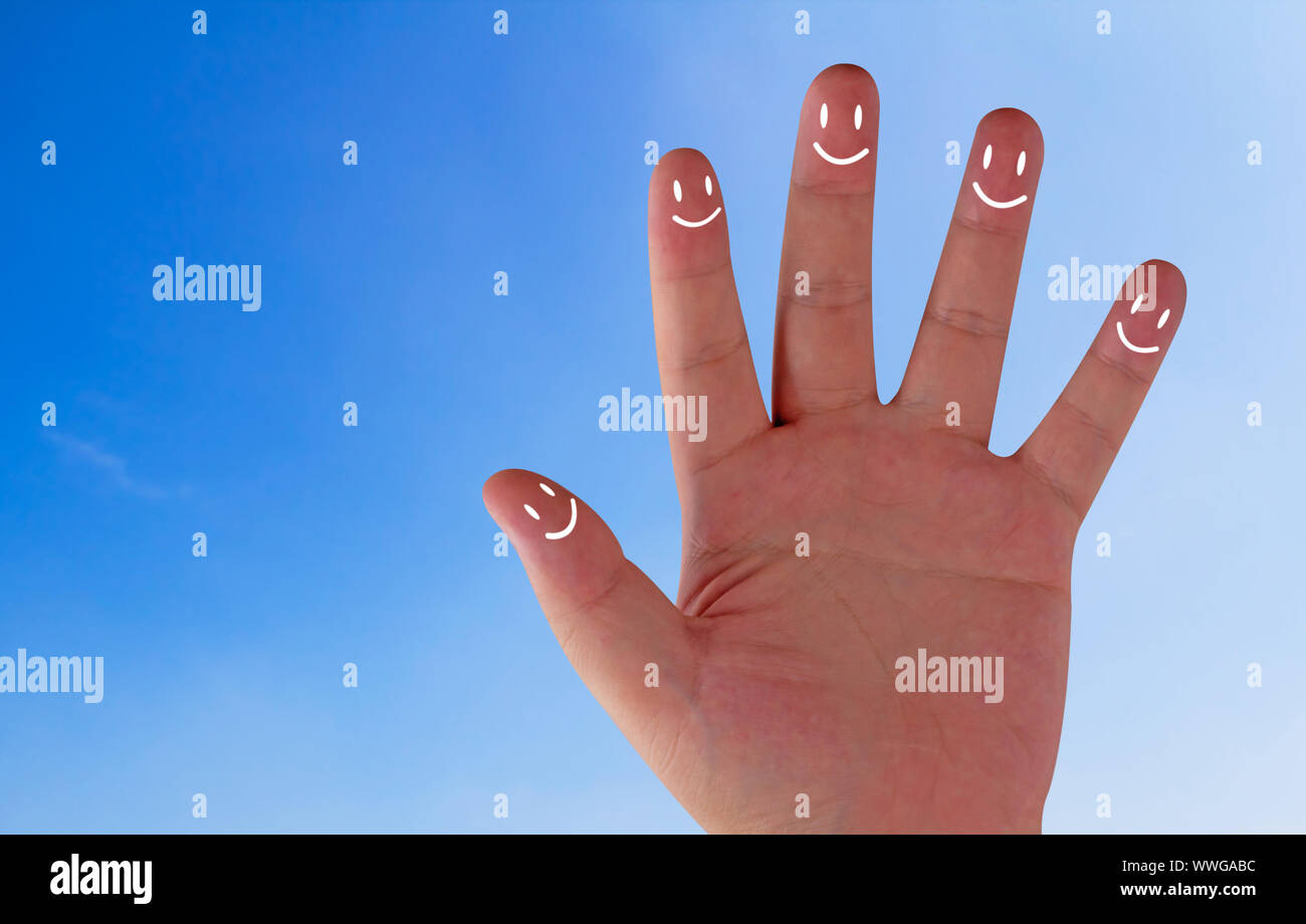 Happiness concept, family hand smile on blue sky background, team ...