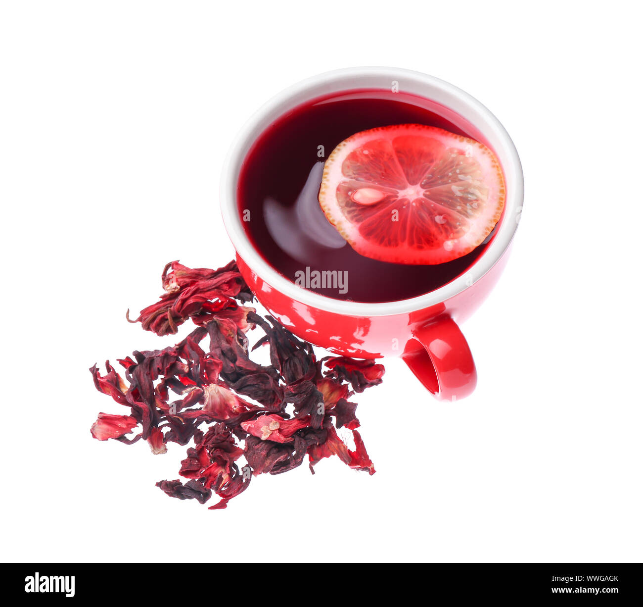 Cup of hot hibiscus tea with lemon on white background Stock Photo - Alamy