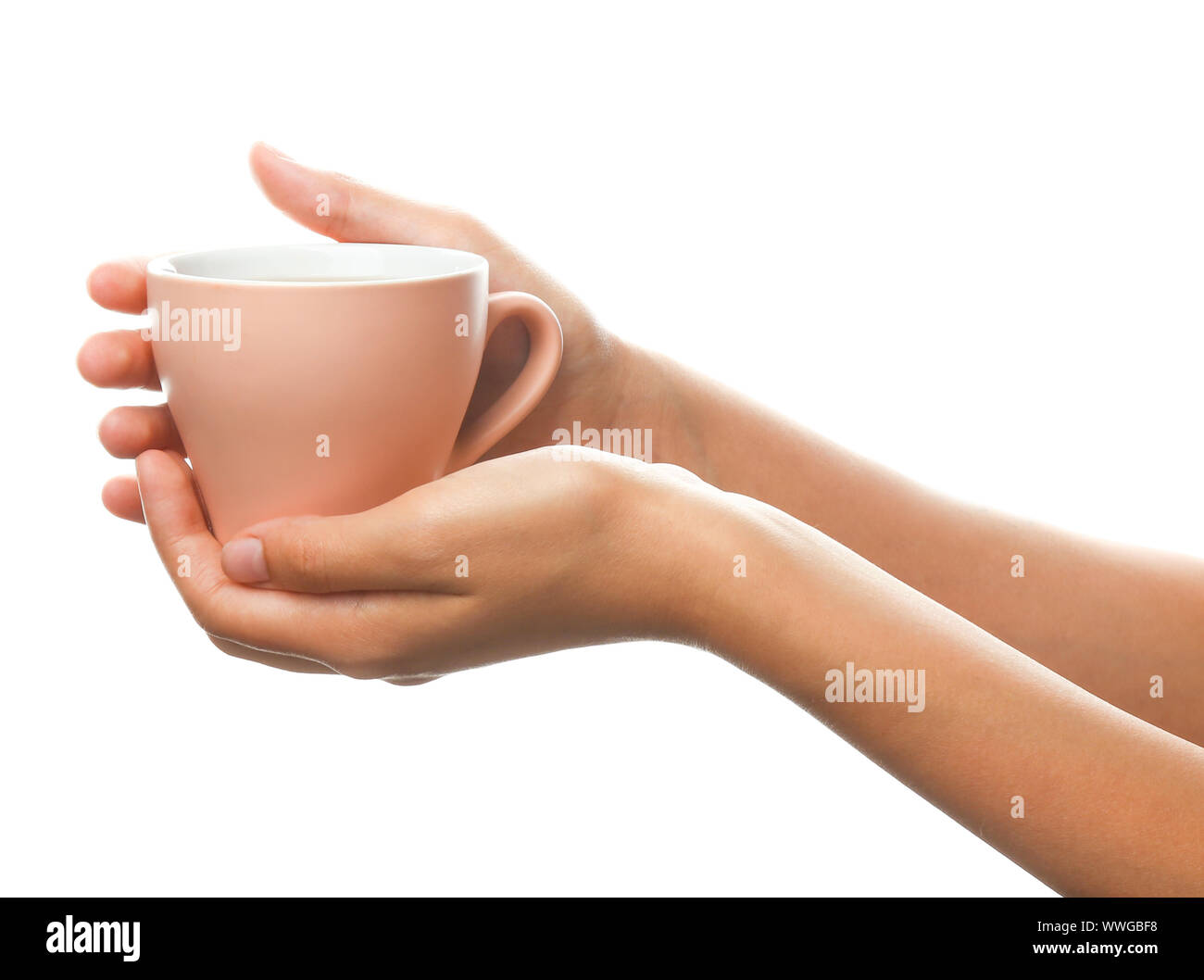 Female hands with cup of tea on white background Stock Photo - Alamy