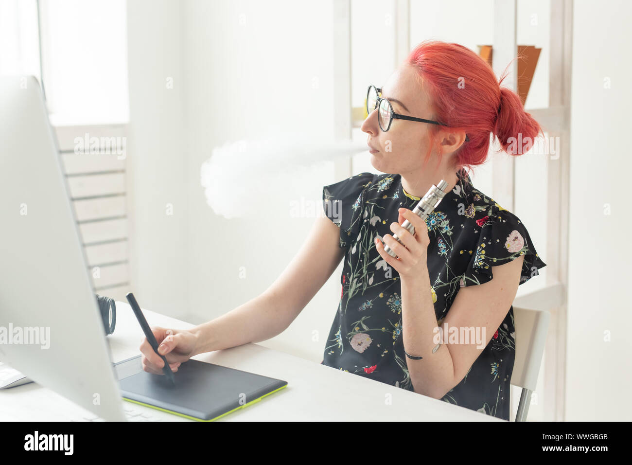 graphic designer concept - Female graphic designer working on computer ...