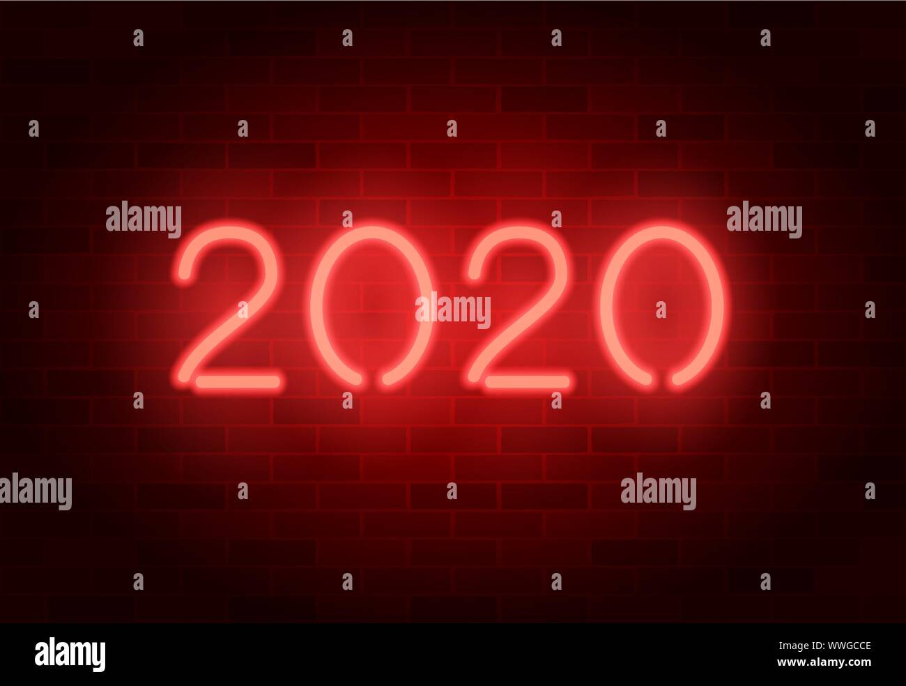 2020 vector neon signboard. Red realistic neon numbers on a brick wall ...