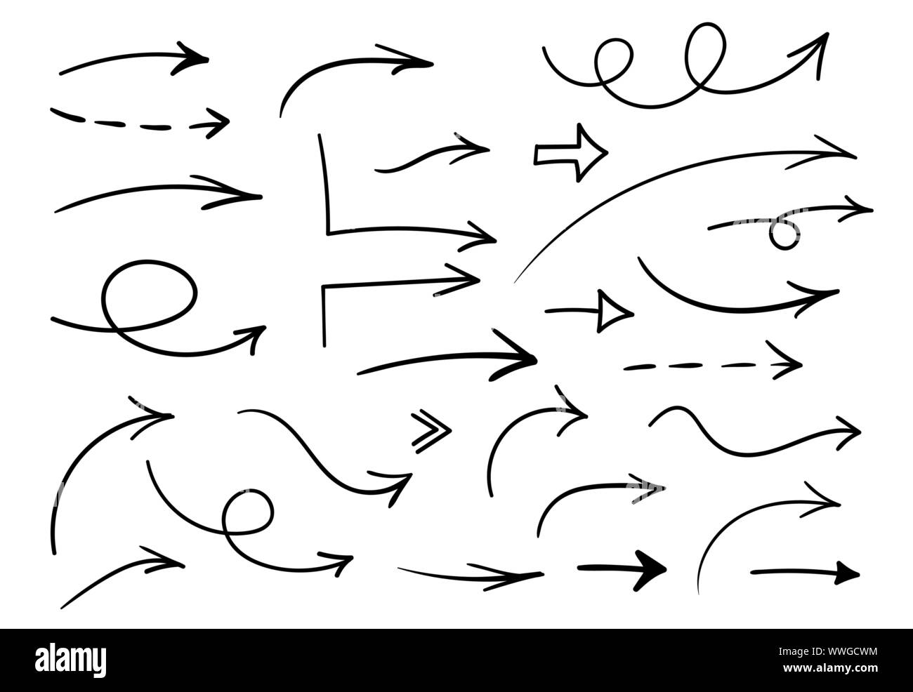 Hand drawn arrows. Vector set of black doodle right direction arrows ...