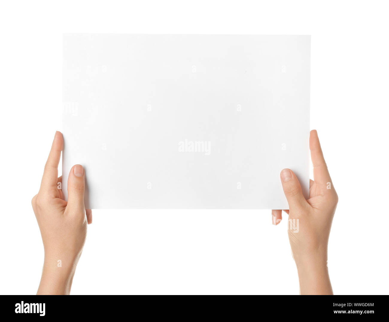 Female hands with blank poster on white background Stock Photo - Alamy