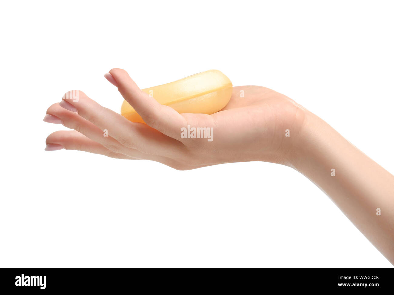 Female hand with soap on white background Stock Photo - Alamy