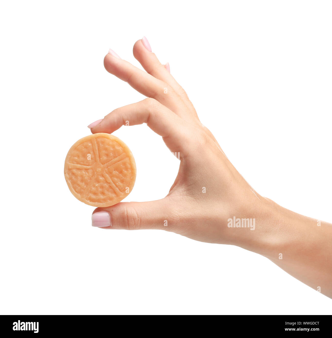 Female hand with soap on white background Stock Photo - Alamy