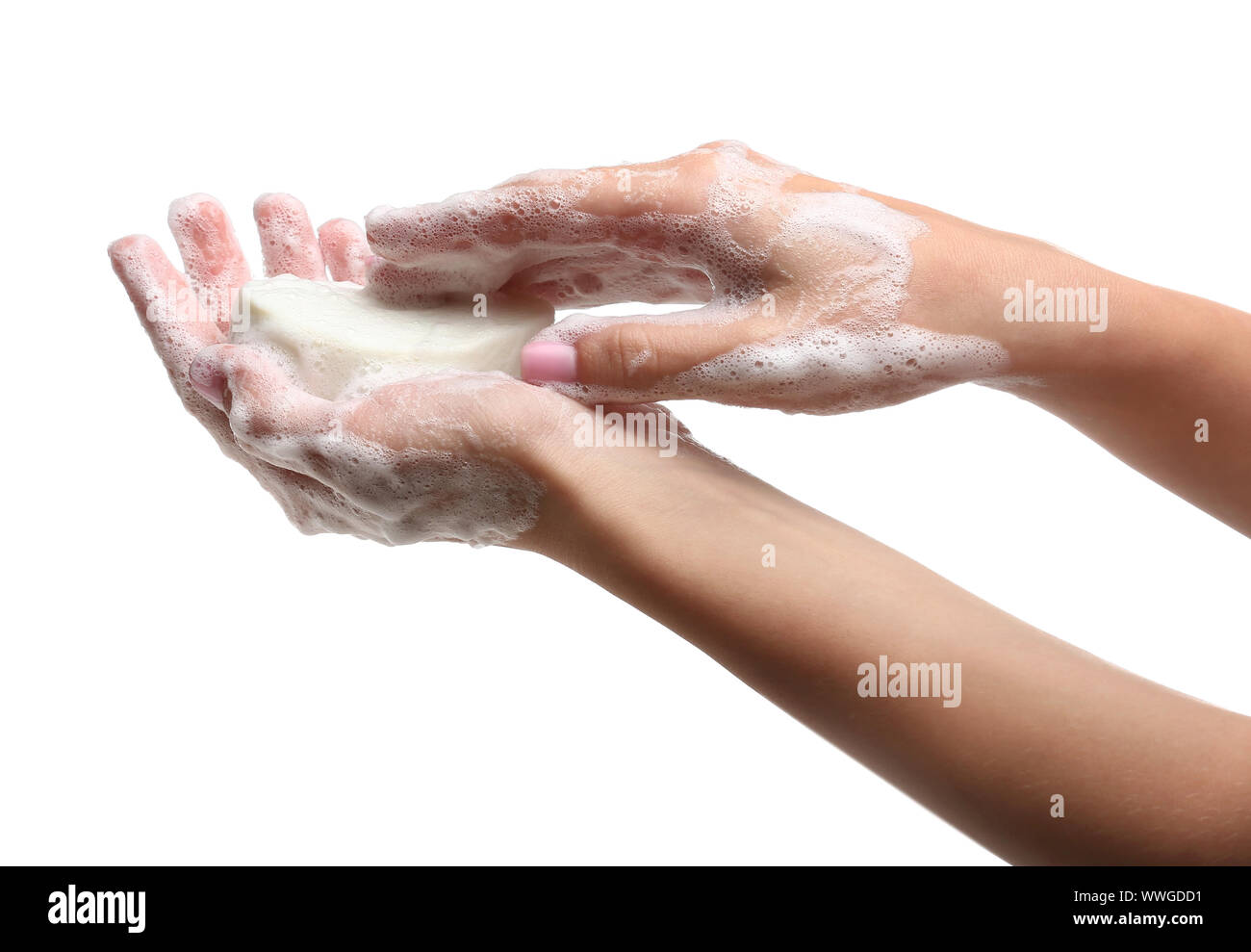 Female hands with soap on white background Stock Photo - Alamy