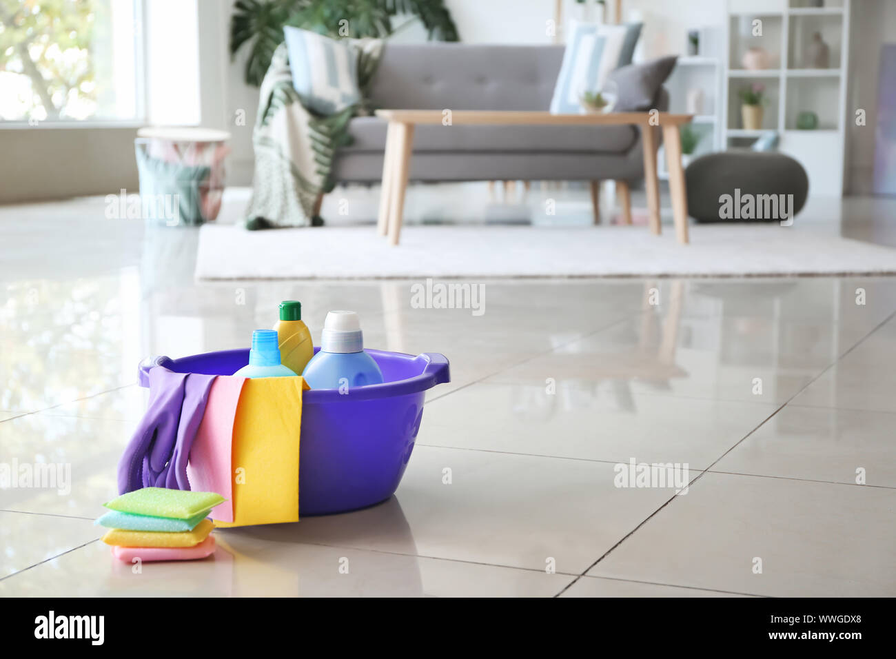Set of cleaning supplies on floor in room Stock Photo - Alamy