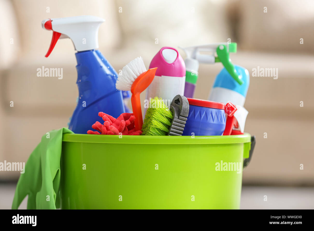 Bucket with cleaning supplies, closeup Stock Photo - Alamy
