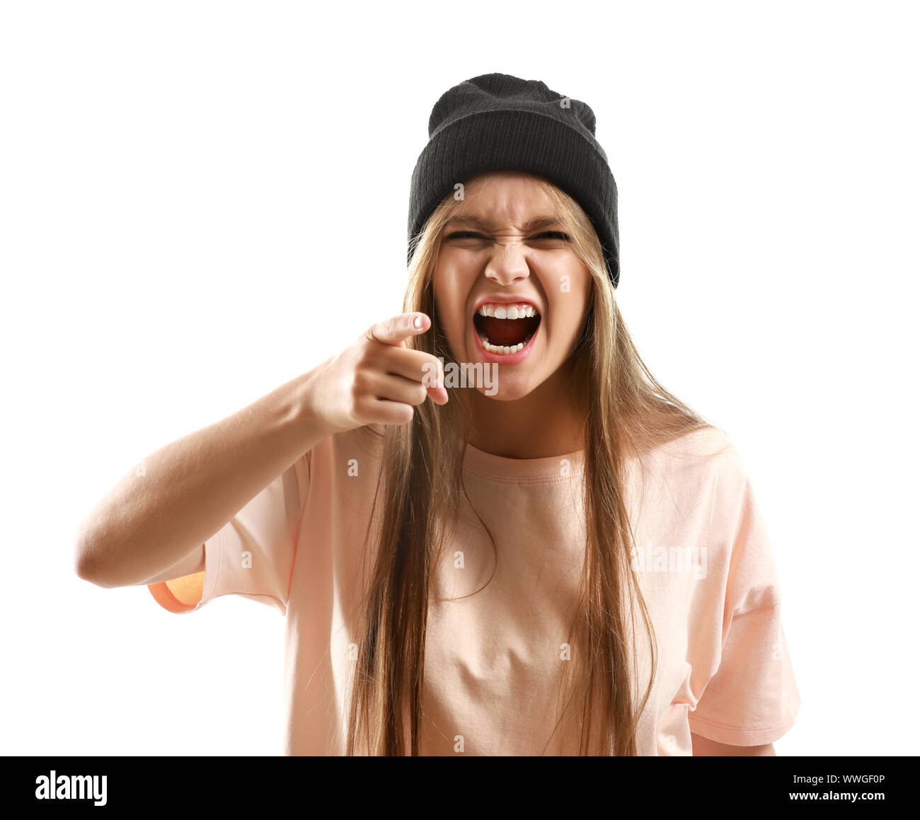 Portrait of angry woman on white background Stock Photo - Alamy