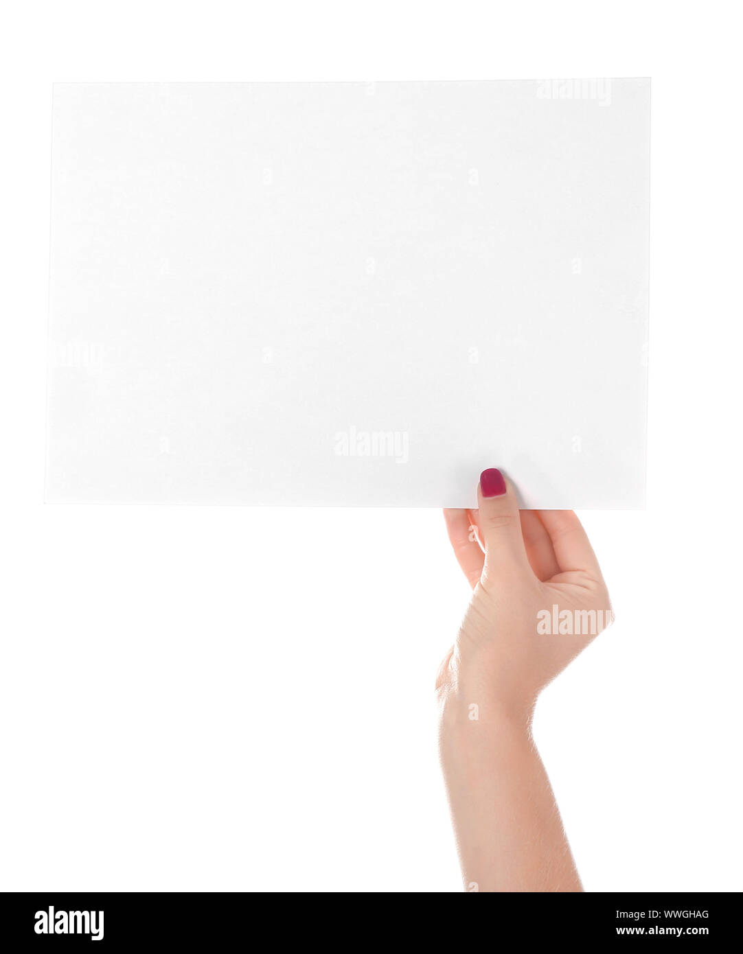 Female hand with empty sheet of paper on white background Stock Photo ...