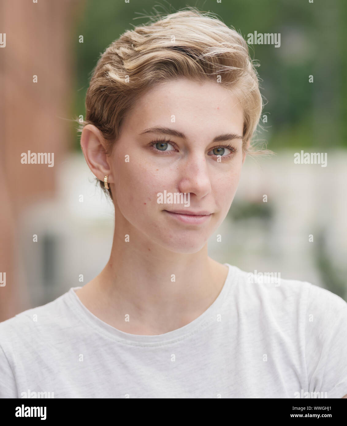 Portrait of beautiful woman with short hair and no retouch Stock Photo ...
