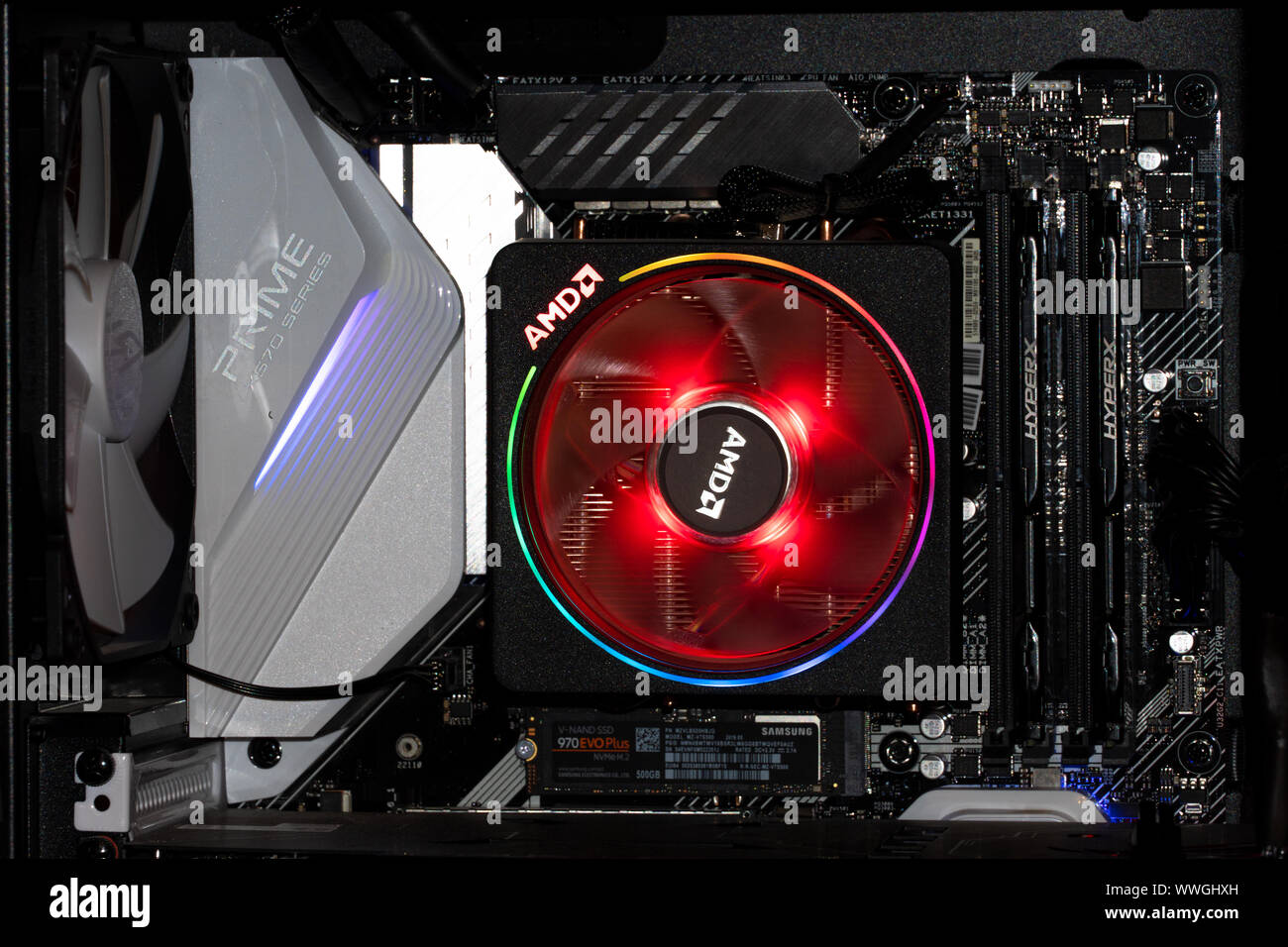 Kiev, Ukraine - Aug 16, 2019: Close-up of AMD Ryzen CPU on motherboard ...